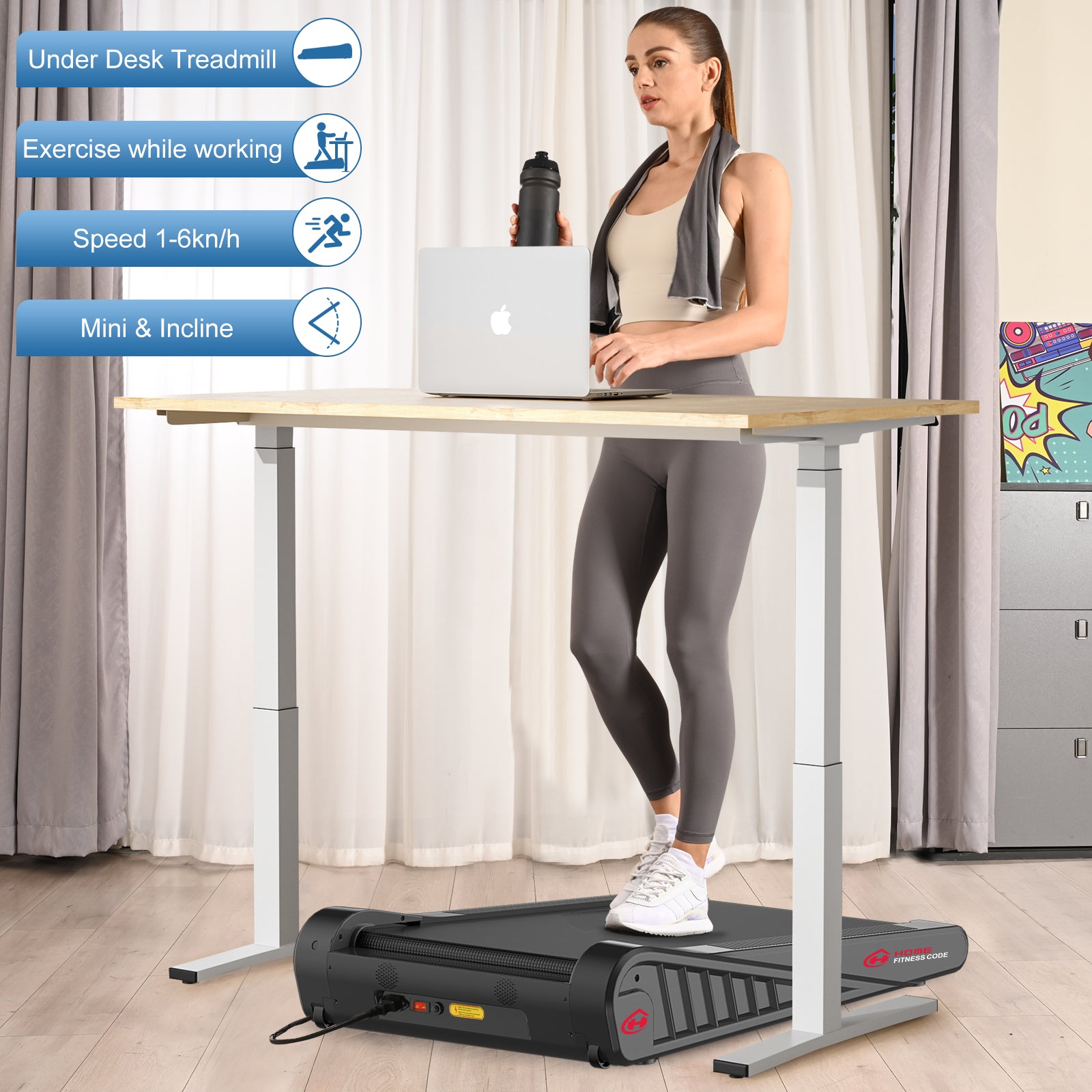 Under Desk Walking Pad Motorised Treadmill 1-6KM/H with 5% Incline LED ...